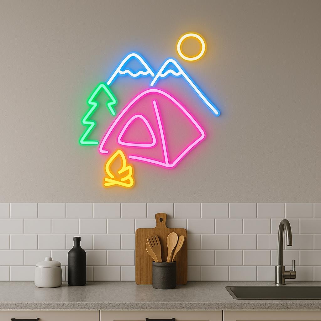Camping Neon Sign – LED Tent Wall Art with Mountains, Campfire & Trees ...